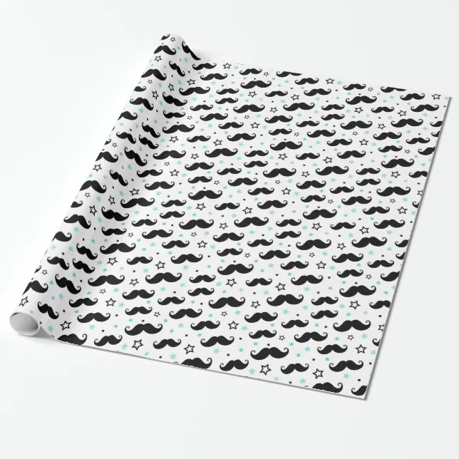 Black handlebar mustache and aqua stars little man wrapping paper | Zazzle