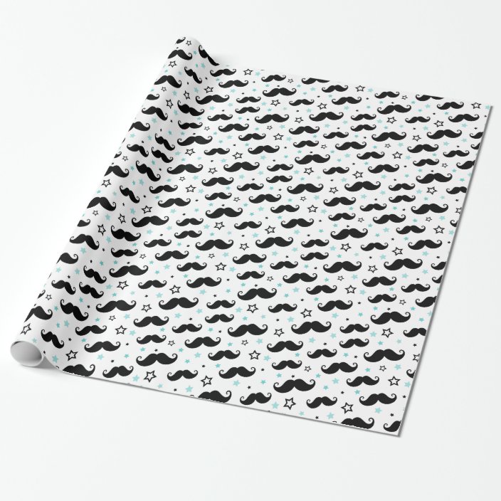 Black handlebar mustache and aqua stars little man wrapping paper ...