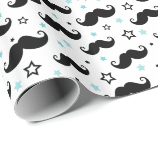 Black handlebar mustache and aqua stars little man wrapping paper | Zazzle