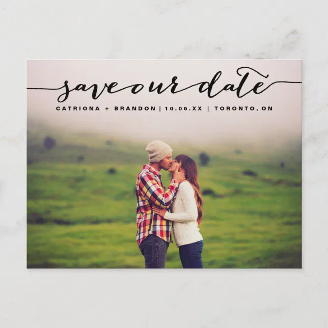 Black Handwritten Script Photo Save Our Date Announcement Postcard | Zazzle