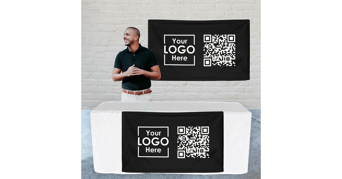 Black Hanging Banner Sign Business Logo QR Code | Zazzle