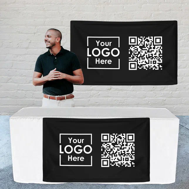 Black Hanging Banner Sign Business Logo QR Code | Zazzle