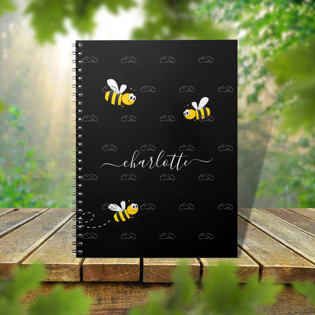 Black happy bumble bees summer fun humor monogram notebook | Zazzle