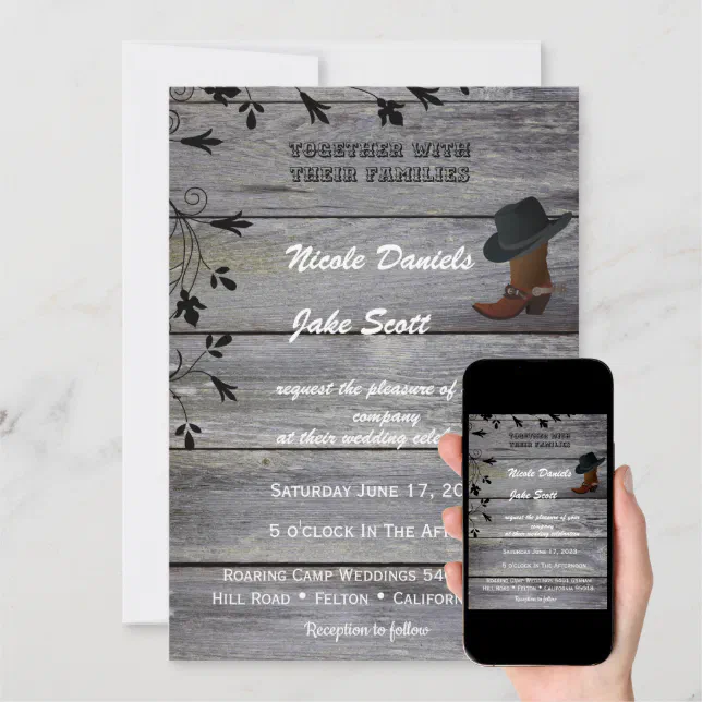 Black Hat and Cowboy Boot Classic Rustic Wedding Invitation | Zazzle