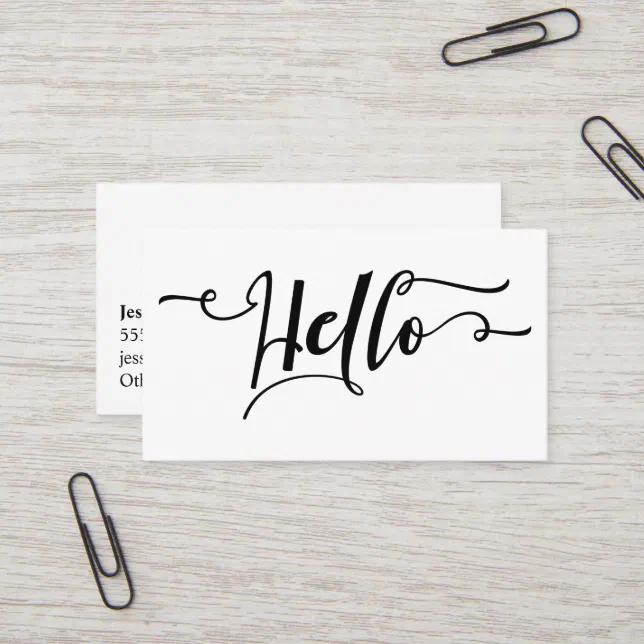 Black Hello Script Typography Over Editable White Business Card | Zazzle
