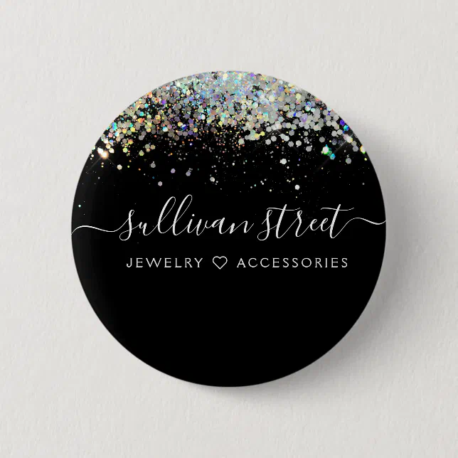 Black Holographic Glitter Business Button | Zazzle