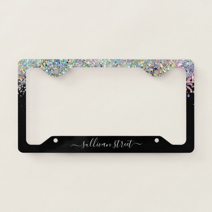 Black Holographic Glitter Business License Plate Frame | Zazzle
