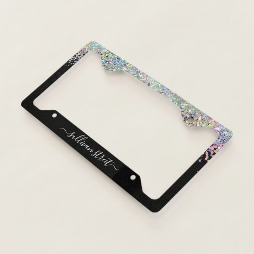 Black Holographic Glitter Business License Plate Frame | Zazzle