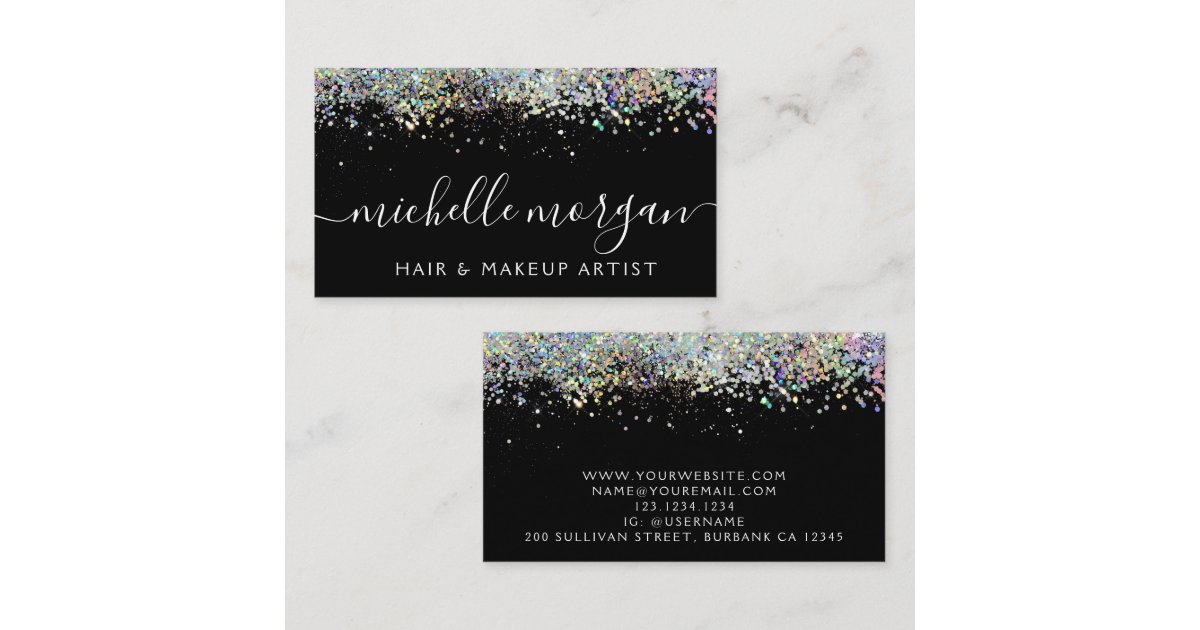 Black Holographic Glitter Hair & Makeup Calling Card | Zazzle