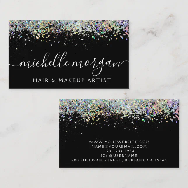 Black Holographic Glitter Hair & Makeup Calling Card | Zazzle