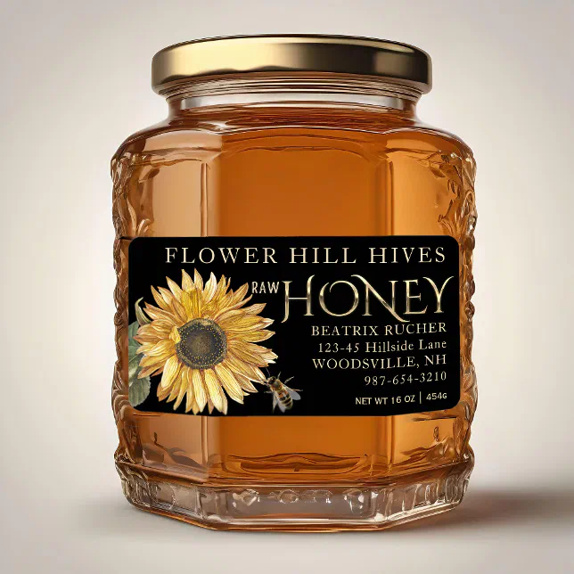 Black Honey Label Sunflower Bee Metallic Gold Text | Zazzle