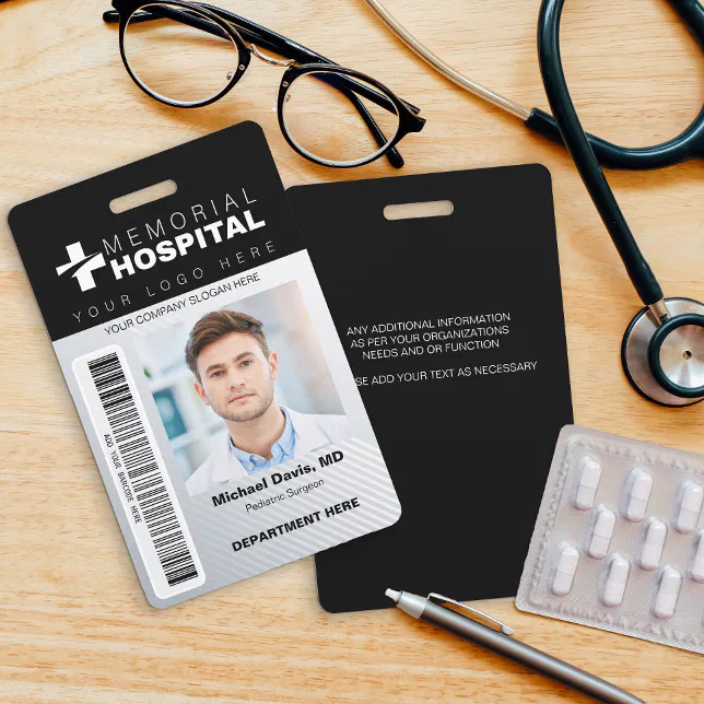 Black Hospital ID Badge with Photo & Barcode | Zazzle