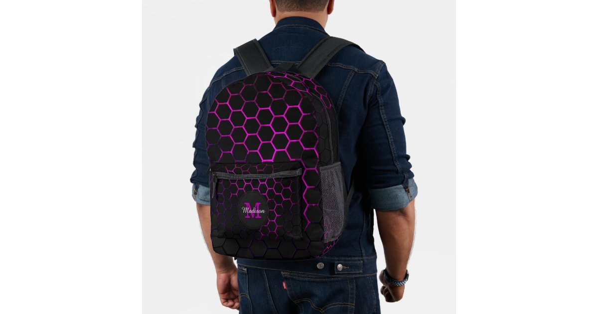Black hot pink neon honeycomb geometry Monogram Printed Backpack | Zazzle