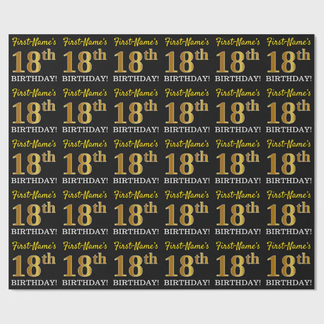 Black, Imitation Gold "18th BIRTHDAY" Wrapping Paper | Zazzle