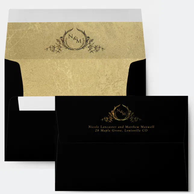 Black, Inside Gold, Elegant Monogram Wedding Envelope | Zazzle