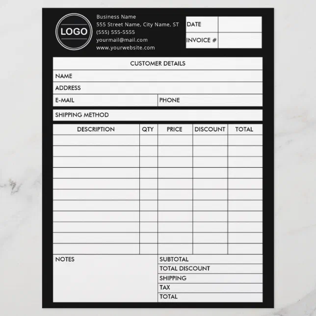 Black Invoice Business Sales Logo Form Receipt Letterhead | Zazzle