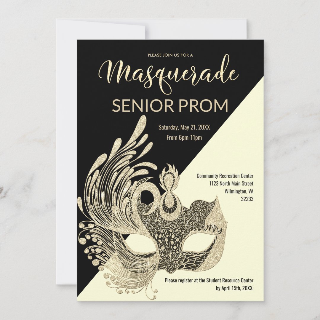 Black Ivory Gold Glitter Masquerade Prom Invitation | Zazzle