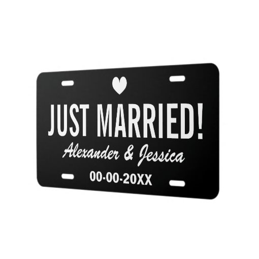 Black Just married license plate for wedding car | Zazzle