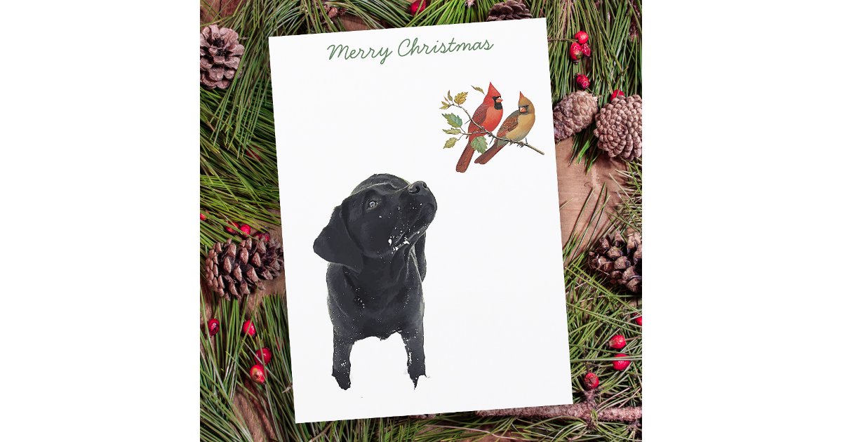 Black Lab Merry Christmas Cute Dog Bird Labrador Holiday Card | Zazzle