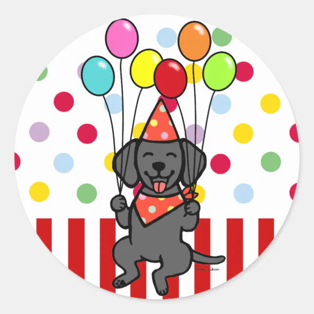 Black Lab Puppy Birthday Balloons Classic Round Sticker | Zazzle