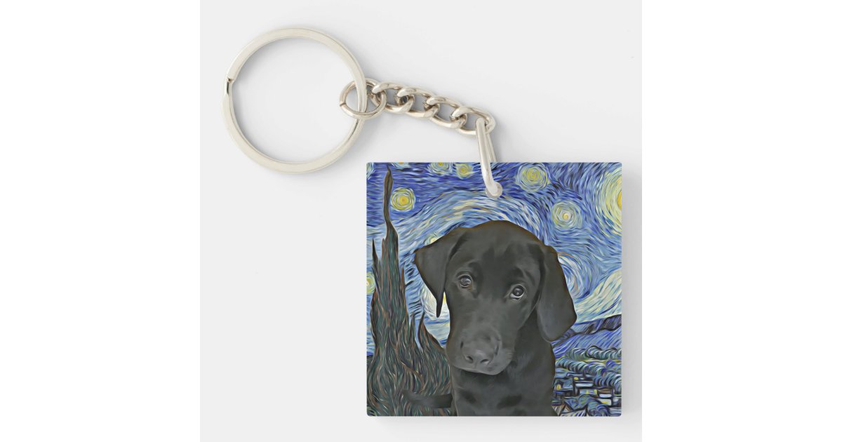 Black Lab Puppy Starry Night Van Gogh Inspired Th Keychain | Zazzle
