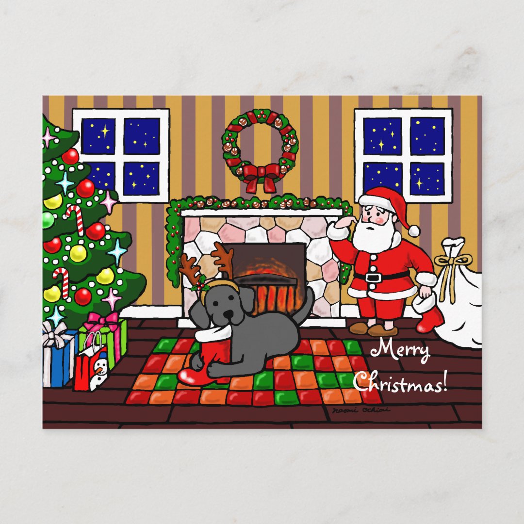 Black Labrador and Santa Christmas Cartoon Holiday Postcard | Zazzle