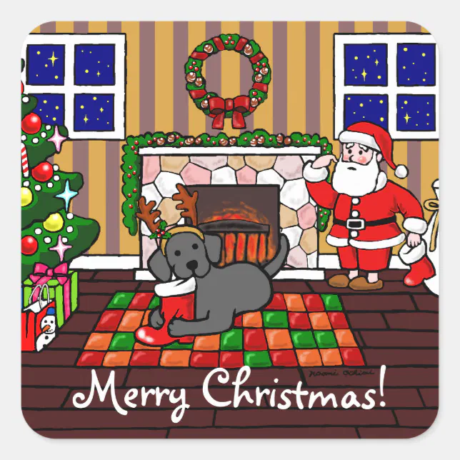 Black Labrador and Santa Christmas Cartoon Square Sticker | Zazzle