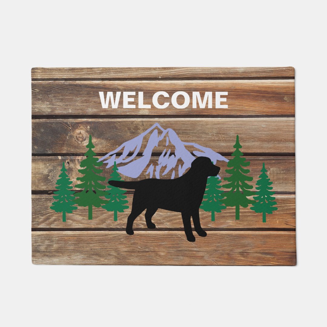 Black Labrador Outline Evergreen Trees Doormat | Zazzle
