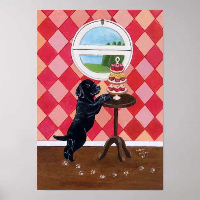Black Labrador Puppy and Cupcakes Artwork Poster | Zazzle