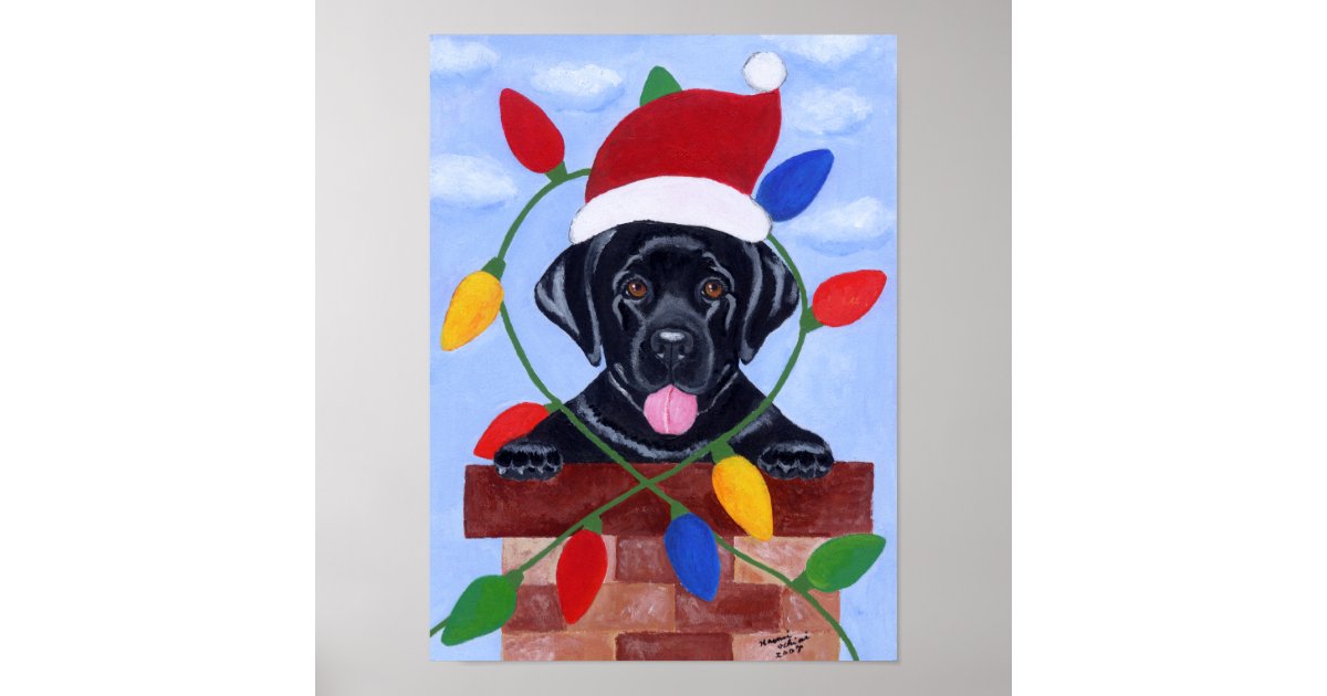 Black Labrador Puppy Santa Artwork Poster | Zazzle