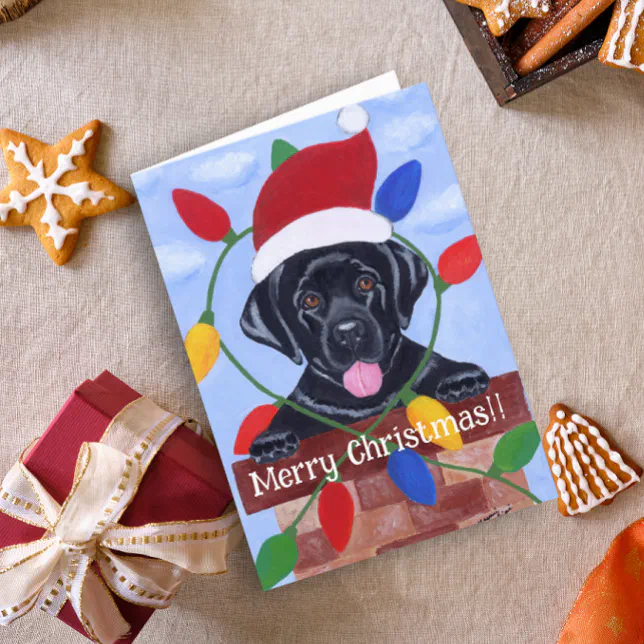 Black Labrador Puppy Santa Christmas Holiday Card | Zazzle