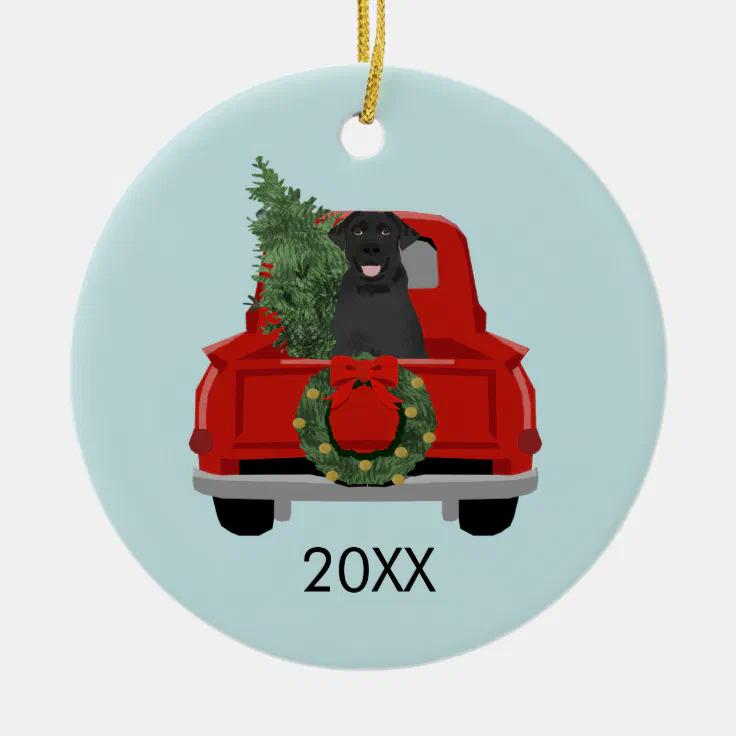 Black Labrador Red Christmas Truck Ceramic Ornament | Zazzle