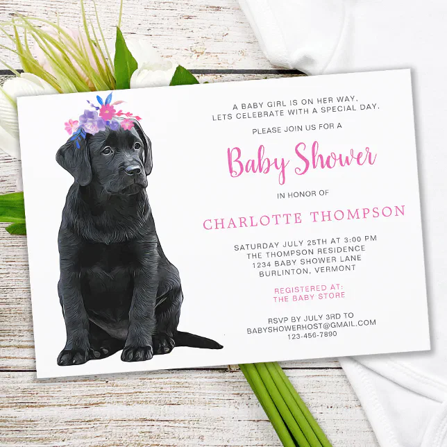 Black Labrador Retriever Baby Shower Pink Girl Invitation | Zazzle