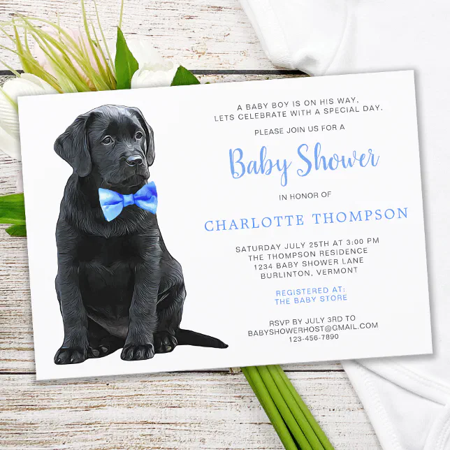 Black Labrador Retriever Puppy Blue Baby Shower Invitation | Zazzle