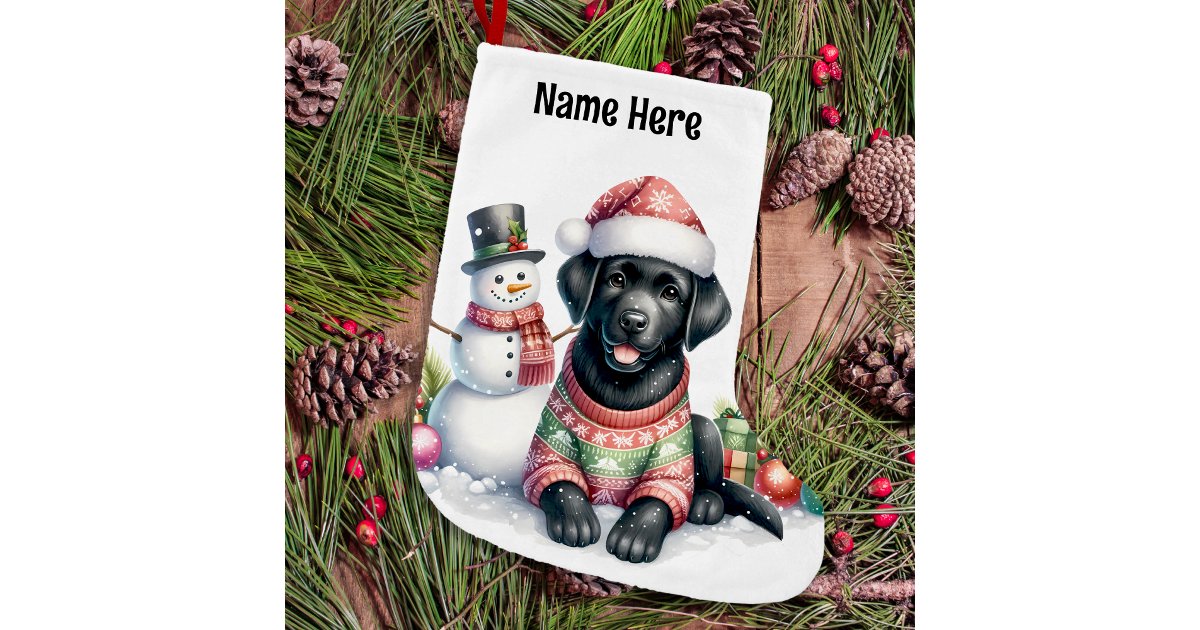 Black Labrador Retriever & Snowman Puppy Dog Large Christmas Stocking ...