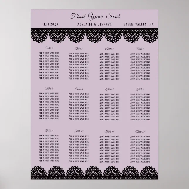 Black Lace on Soft Lavender Custom Seating Chart | Zazzle