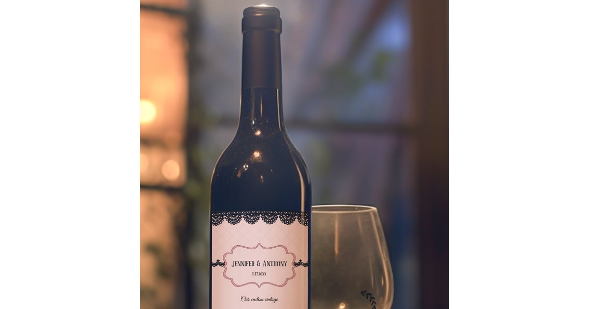 Black Lace on Soft Pink Custom Wedding Wine Label | Zazzle