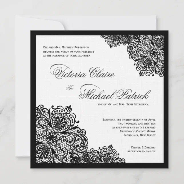 Black Lace White Linen Square Wedding Invitations | Zazzle