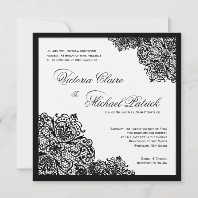 Black Lace White Linen Square Wedding Invitations | Zazzle
