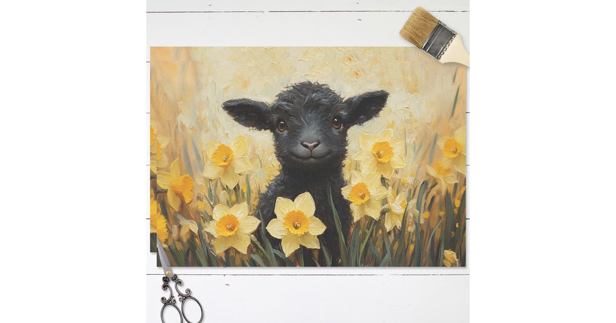 Black Lamb and Yellow Daffodils Painting Decoupage Tissue Paper | Zazzle