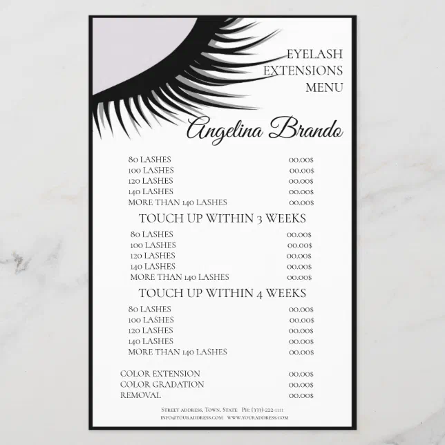 Black Lashes Eyelash Extensions White Price List Flyer | Zazzle
