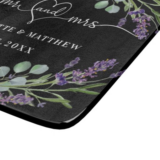 Black lavender florals greenery mr mrs heart cutting board | Zazzle