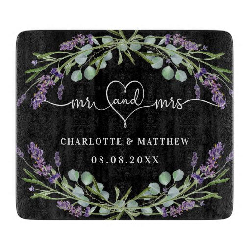 Black lavender florals greenery mr mrs heart cutting board | Zazzle