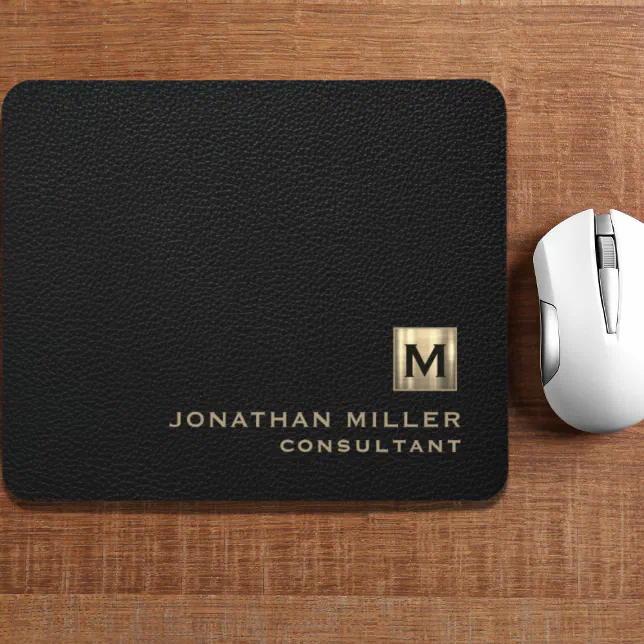 Black Leather Gold Monogram Mouse Pad | Zazzle