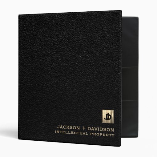 Black Leather Luxury Gold Initials Logo 3 Ring Binder | Zazzle