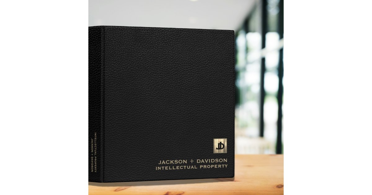 Black Leather Luxury Gold Initials Logo 3 Ring Binder | Zazzle