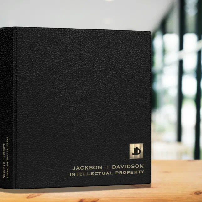 Black Leather Luxury Gold Initials Logo 3 Ring Binder | Zazzle
