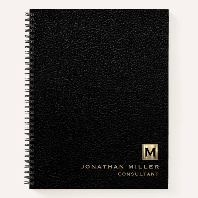 Black Leather Luxury Gold Monogram Notebook | Zazzle