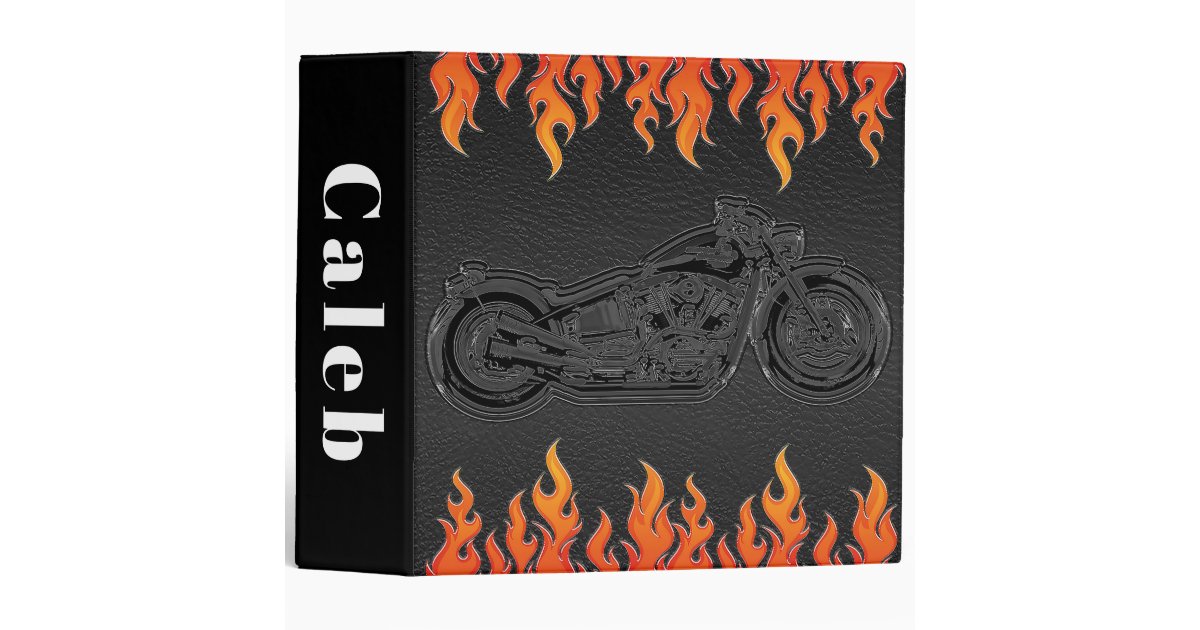 Black Leather Orange Flames Hot Fire Motorcycle Binder | Zazzle