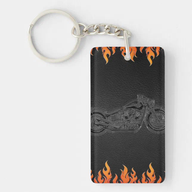 Black Leather Orange Flames Hot Fire Motorcycle Keychain | Zazzle